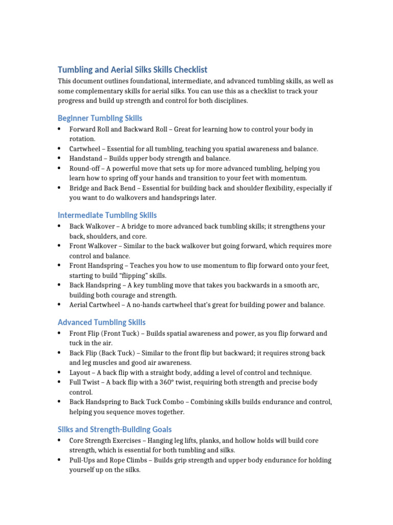 Tumbling and Aerial Skills Checklist | PDF