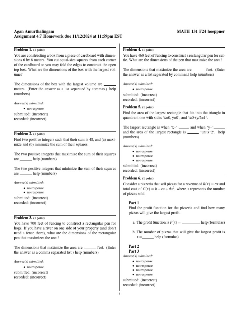 MATH 131 F24 Hoeppner - Agan.amurthalingam.4.7 Homework | PDF | Area | Mathematics