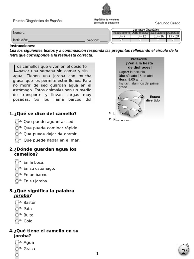 Prueba Diagnóstica de Español 2° Grado | PDF | Camello