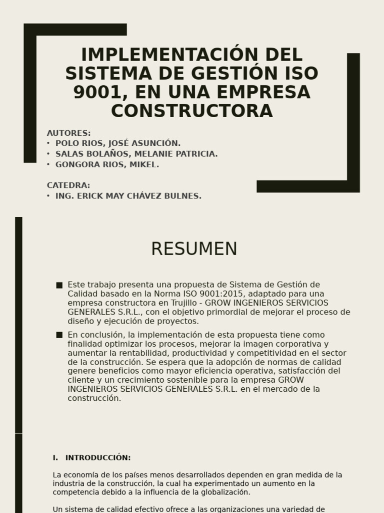 Implementación Del Sistema de Gestión Iso 9001, en Una Empresa Constructora | PDF | Sistema de ...