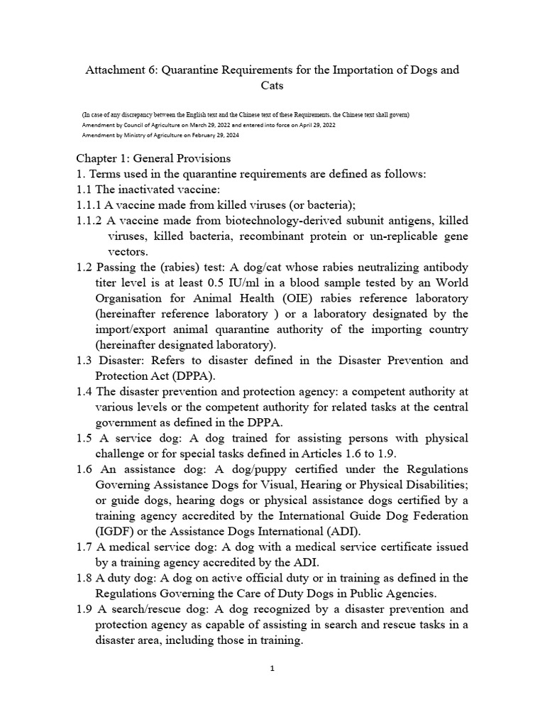 Quarantine Requirements For The Importation of Dogs and Cats | PDF ...