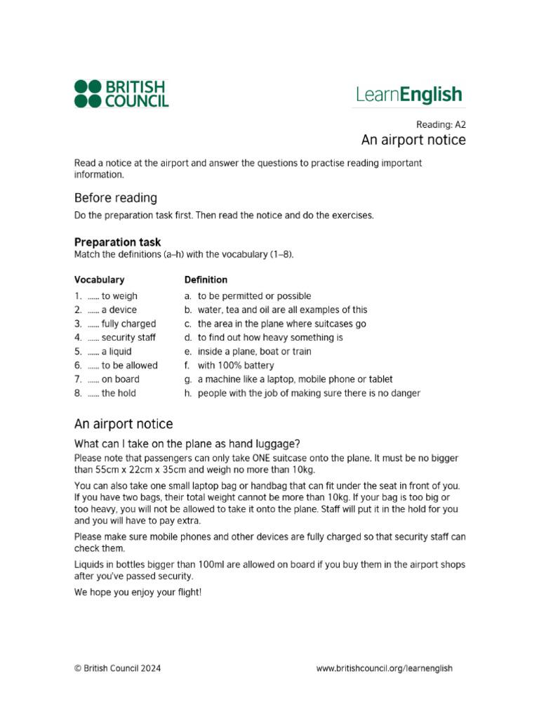 An Airport Notice - Reading Practice A2 | PDF