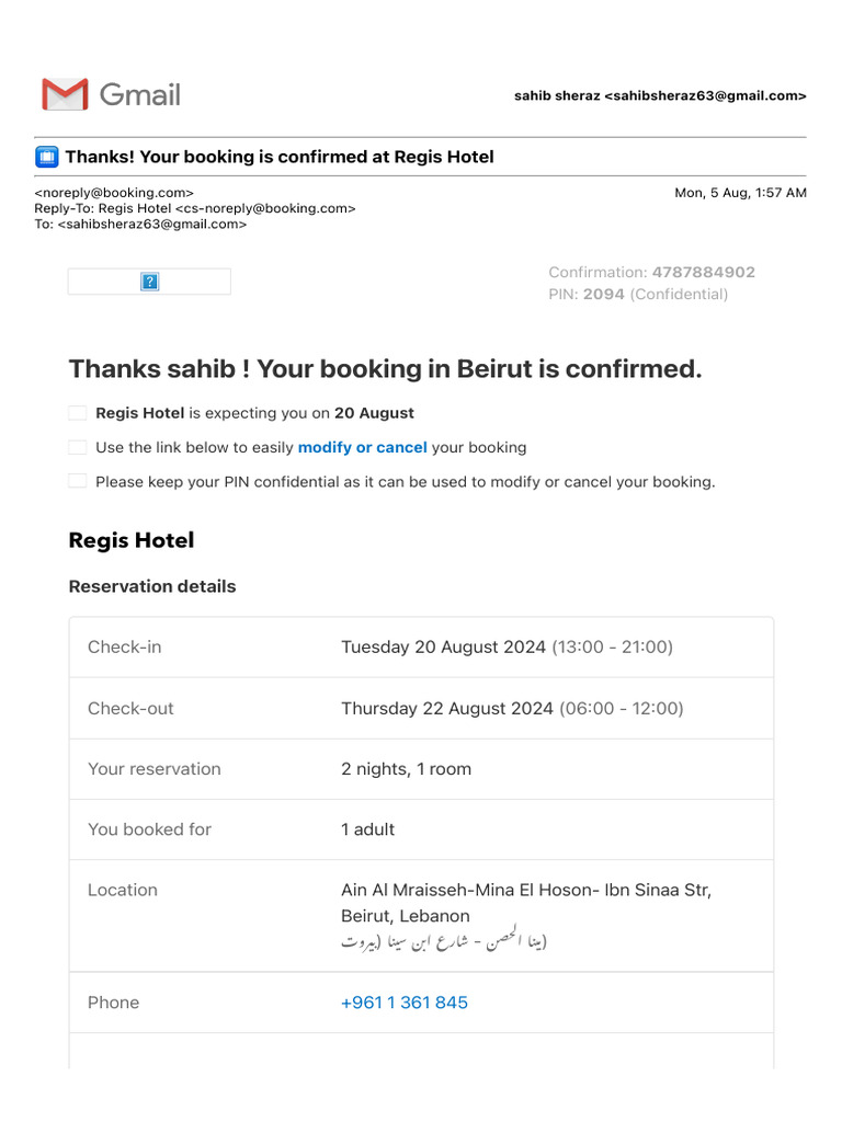 ? Thanks! Your Booking Is Confirmed at Regis Hotel | PDF | Booking.Com ...