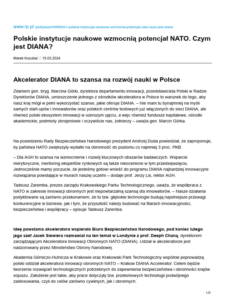 RP - Pl-Polskie Instytucje Naukowe Wzmocnią Potencjał NATO Czym Jest DIANA | PDF