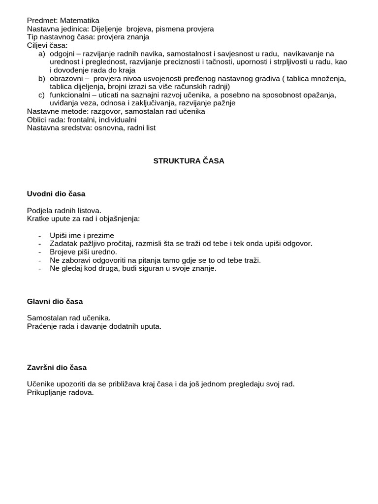 Pismena Provjera, Dijeljenje Brojeva | PDF