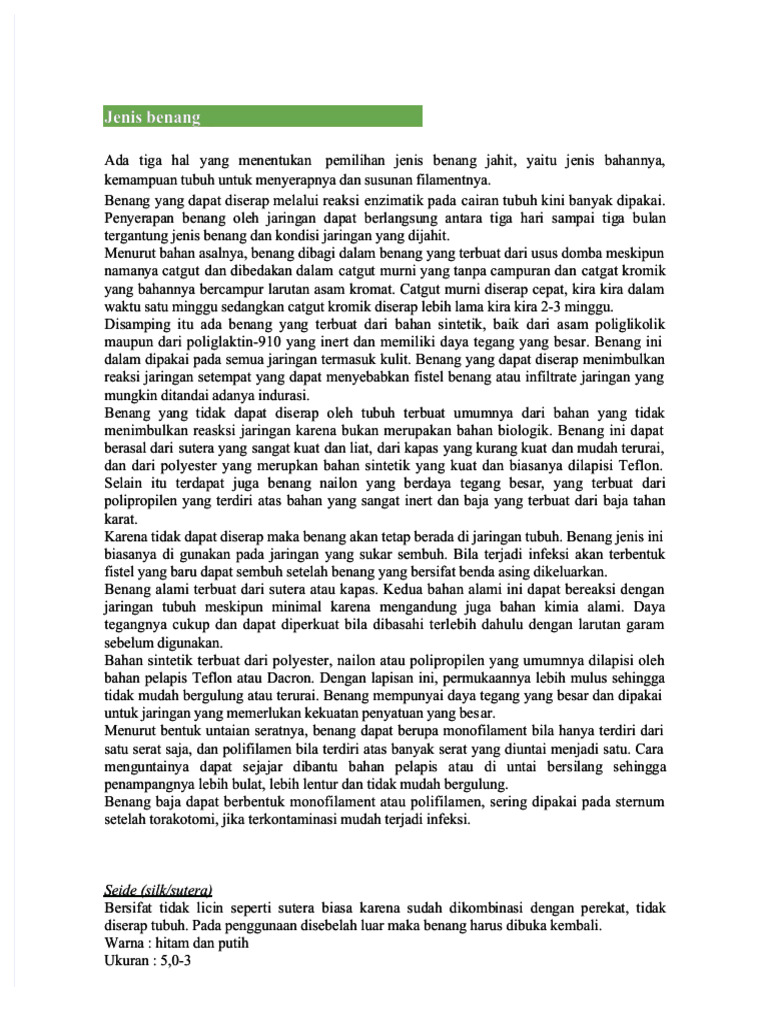 PDF Jenis Benang Operasi Atau Bedah Compress | PDF