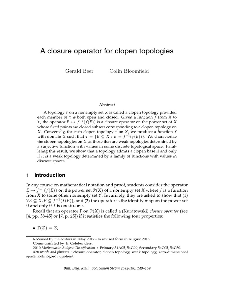 A Closure Operator For Clopen Topologies | PDF | Function (Mathematics) | Topology