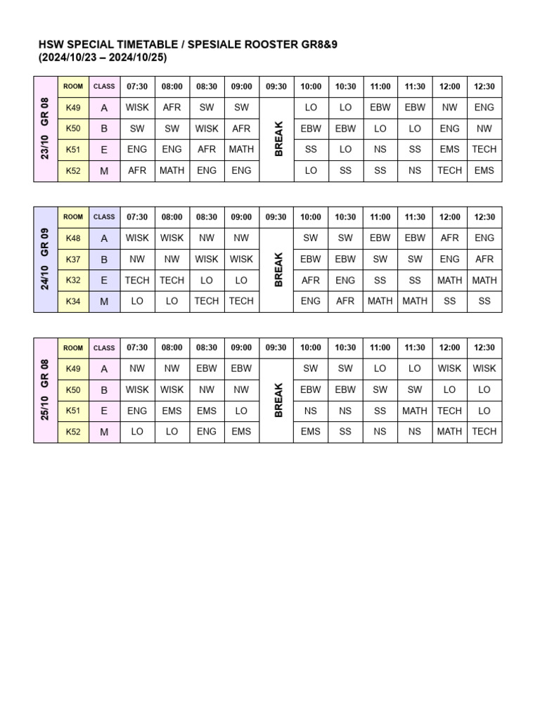 HSW Special Timetable / Spesiale Rooster Gr8&9 (2024/10/23 - 2024/10/25 ...