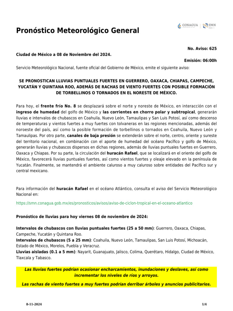Pronóstico Meteorológico 8 Noviembre 2024 | PDF | México | Clima templado