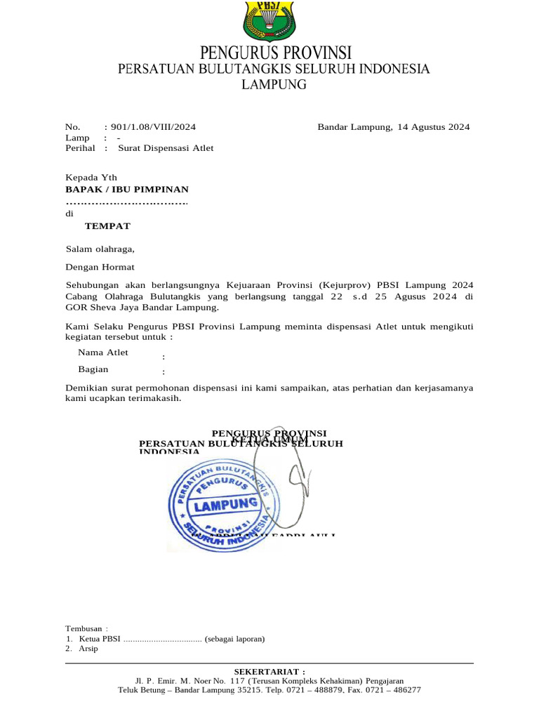 Surat Dispensasi Atlet PBSI Lampung | PDF