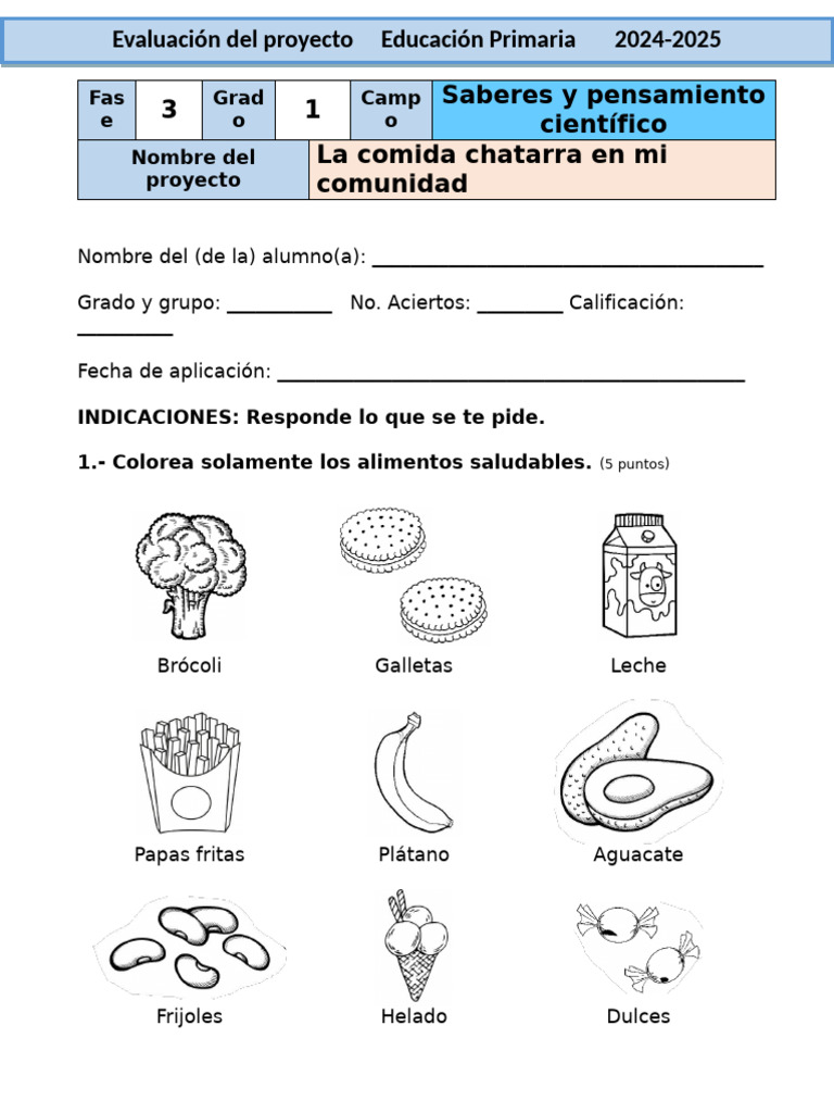 Evaluación de Alimentos en Primer Grado | PDF | Alimentos | Dieta saludable