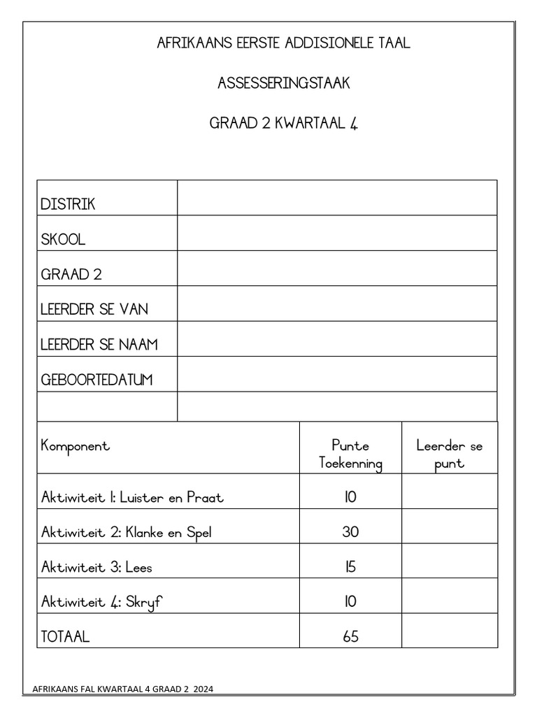Assessment Task AFAL Grade 2 Term 4 | PDF