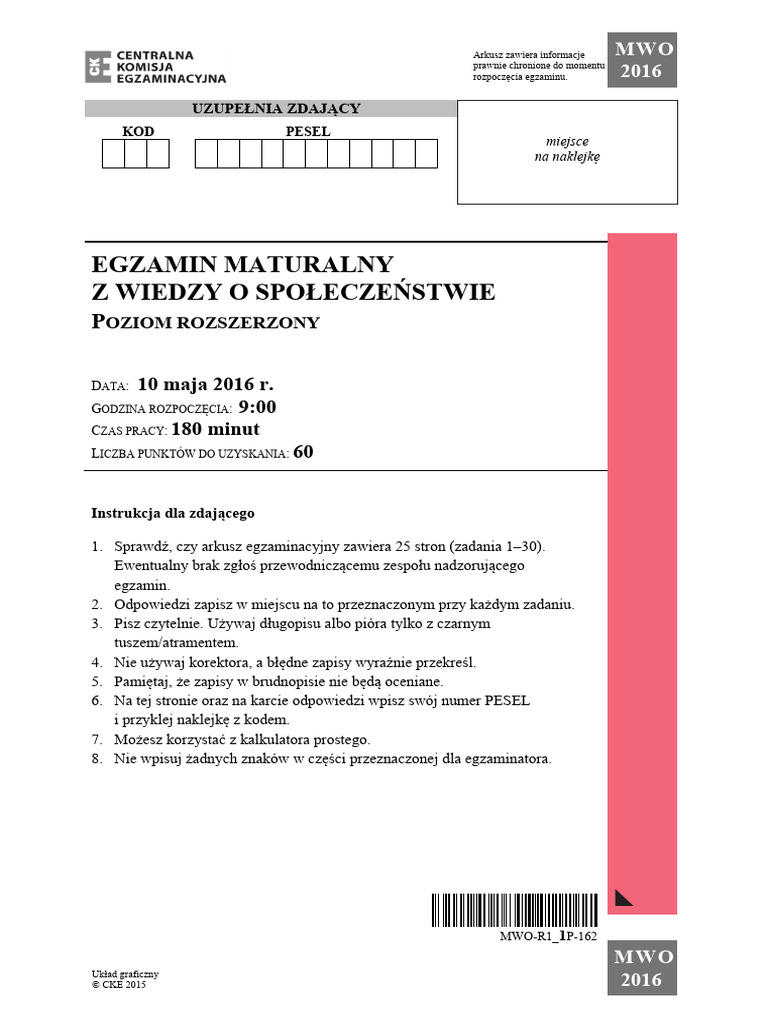 Arkusz WOS Rozszerzony Matura 2016 | PDF