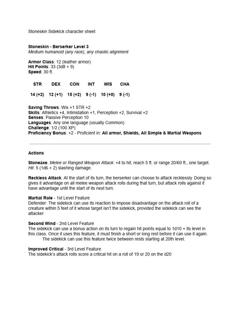 Stoneskin Sidekick Character Sheet | PDF