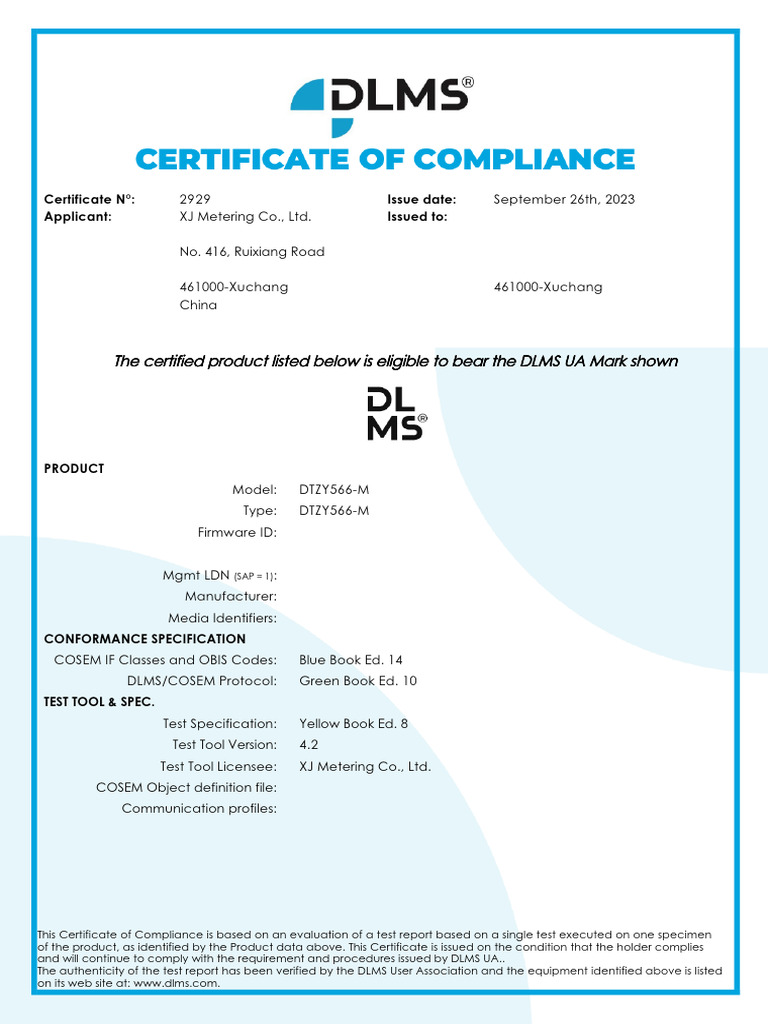 DLMS UA 2929 Product Certificate DTZY566 M | PDF | Computer Standards ...