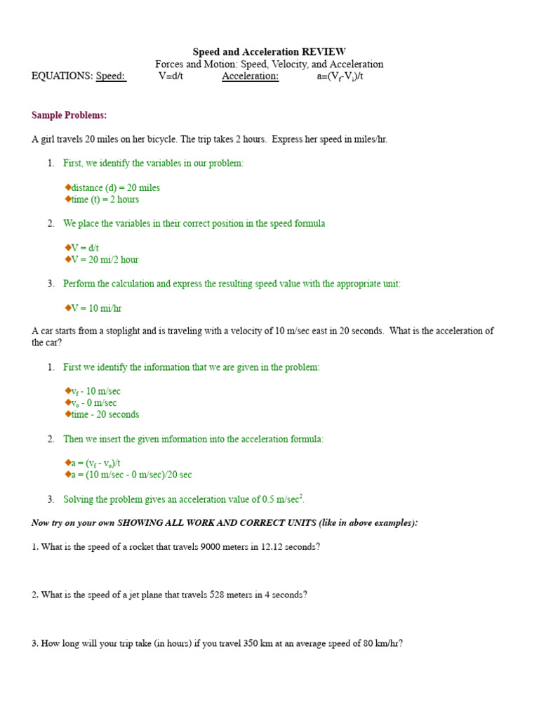 Speed and Acceleration Review Ws | PDF | Speed | Acceleration