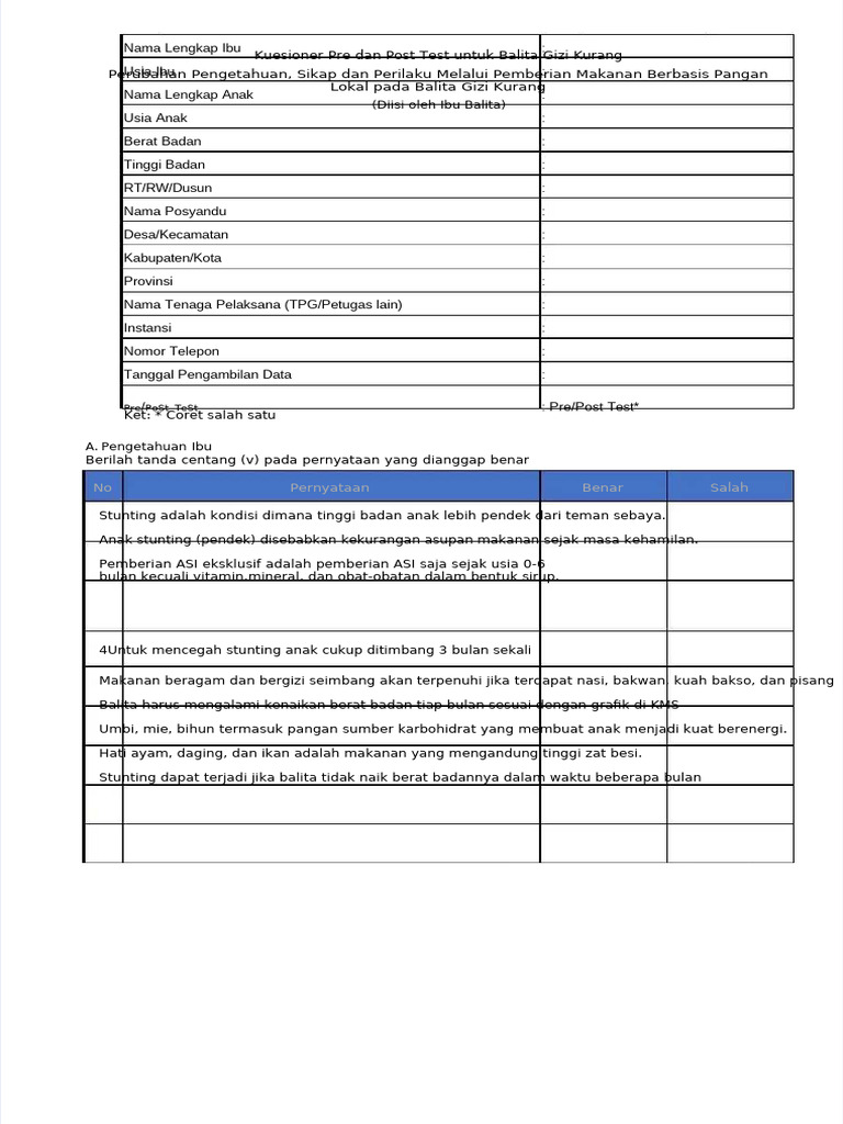 PDF Kuesioner Pre Dan Post Test Untuk Balita Gizi Kurang | PDF ...