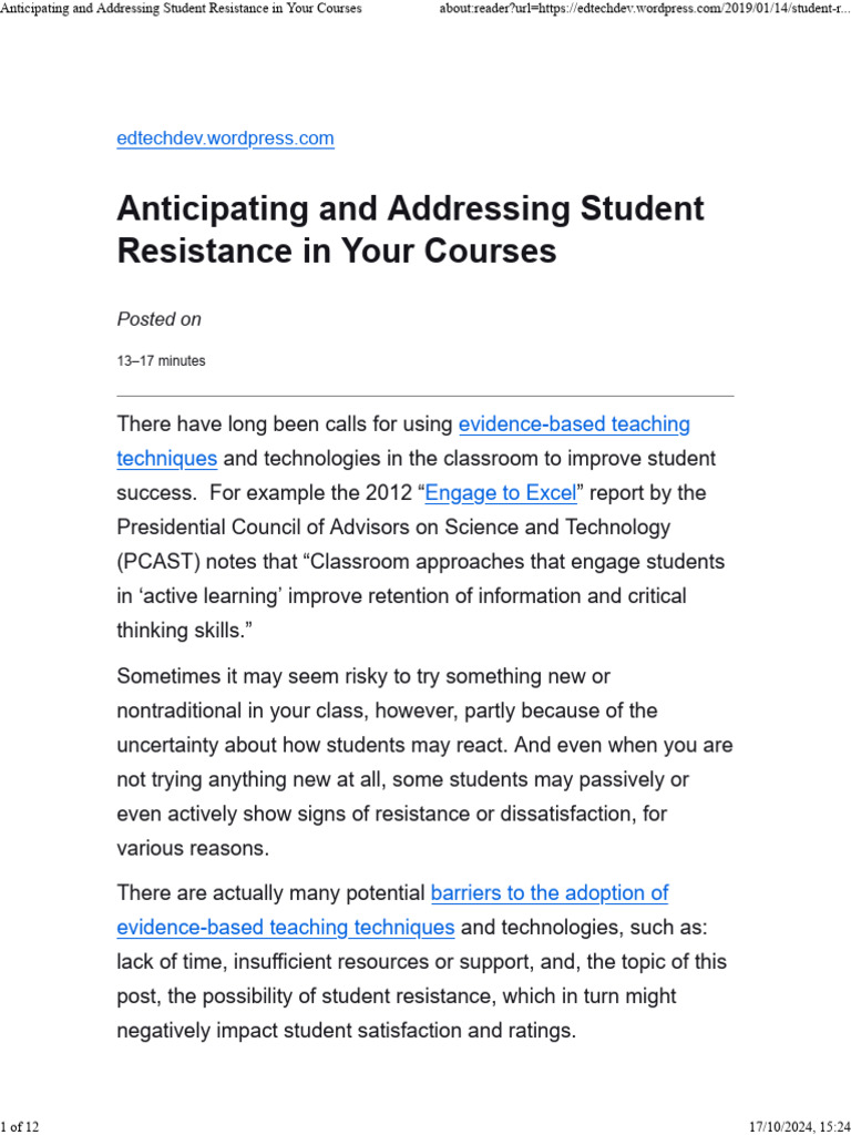 Anticipating and Addressing Student Resistance in Your Courses | PDF ...