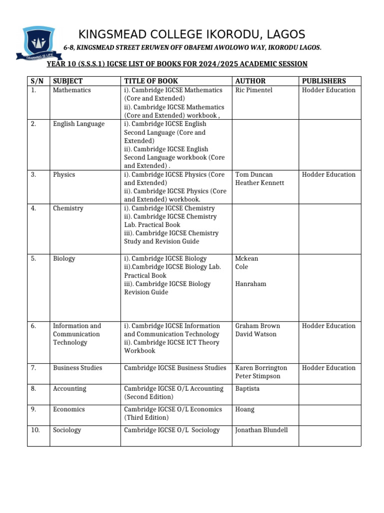 Igsce Books List Year 10 | PDF