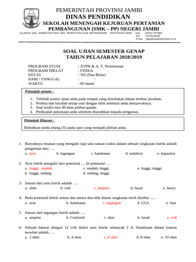 Soal Semester Fisika Kelas XII 2019 | PDF