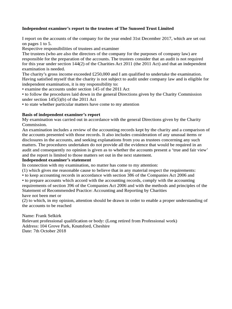 Independent Examiner's Report 2017 | PDF | Audit | Accounting