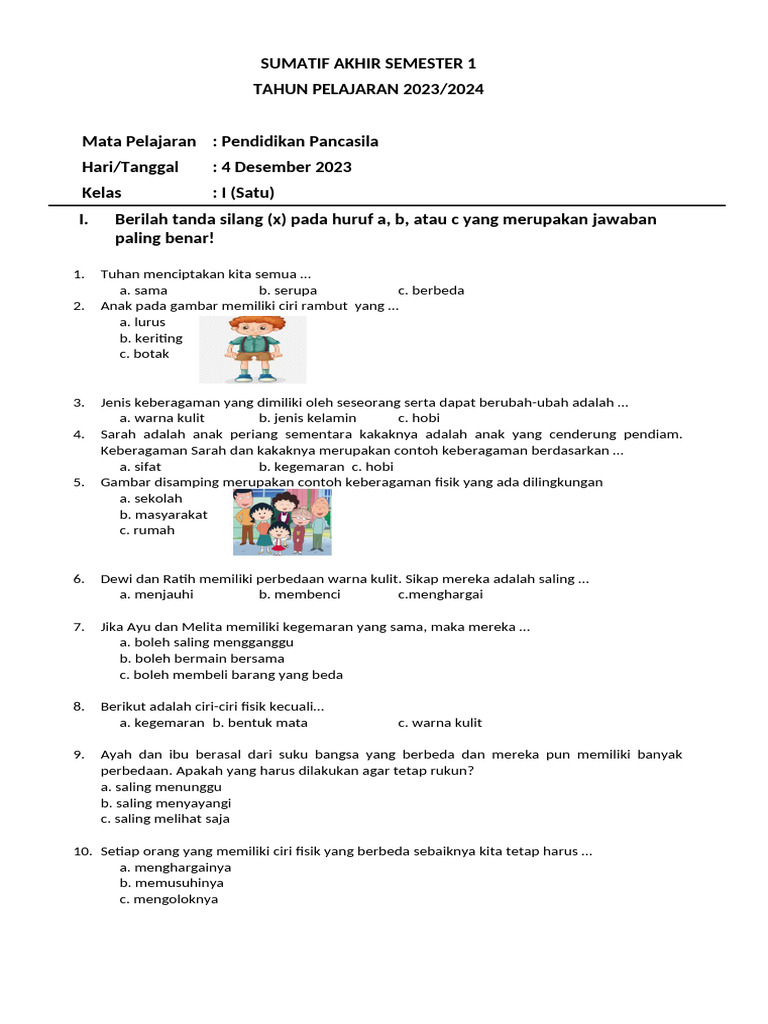 Sas Pendidikan Pancasila Kelas 1 2022 | PDF