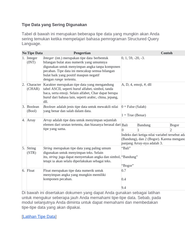 Tipe Data Umum dalam SQL dan MySQL | PDF