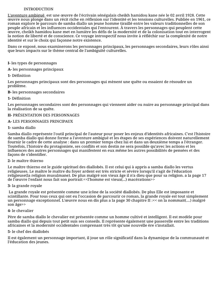 Analyse des personnages dans l'Aventure Ambiguë | PDF | Sciences ...