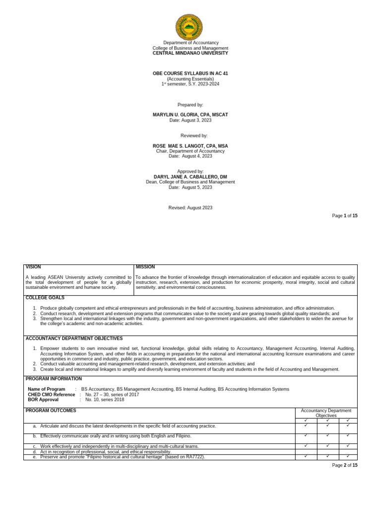AC 41 Accounting Essentials Syllabus 2023 2024 | PDF | Debits And ...
