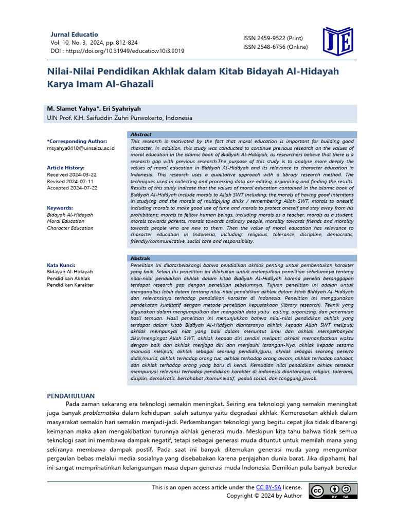 Nilai Pendidikan Akhlak Dalam Kitab Bbidayatul Hidayah | PDF