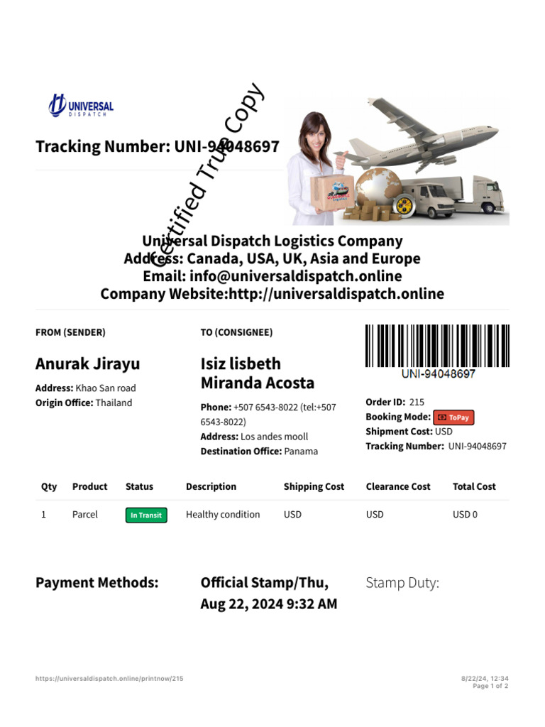 Universal Dispatch Logistics Company Invoice | PDF