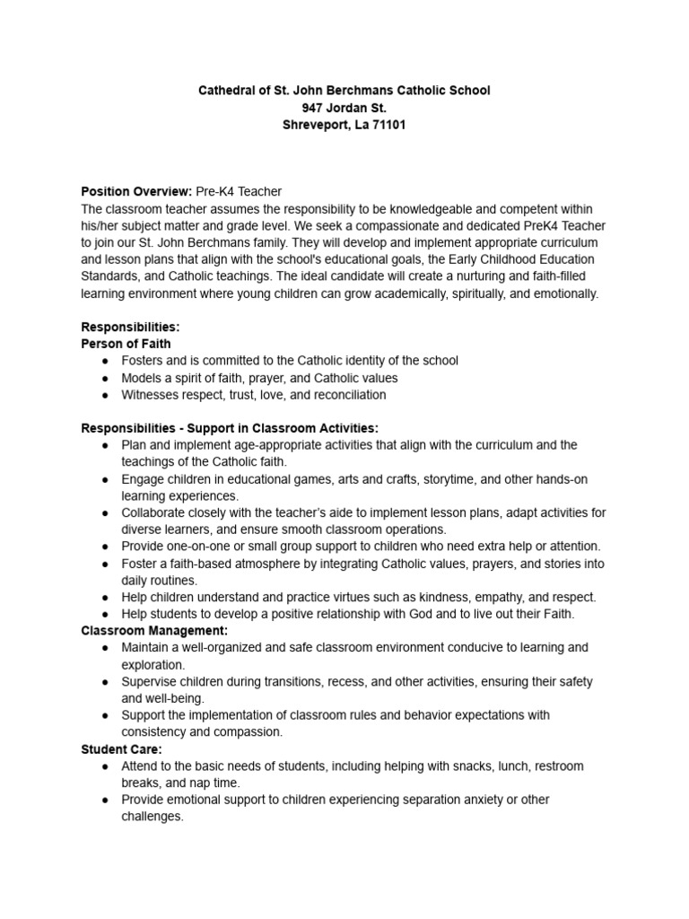 PreK4 Teacher Job Description-1 | PDF | Teachers | Classroom