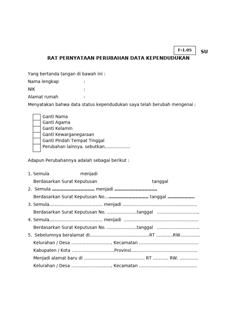 Surat Pernyataan Perubahan Data Kependudukan | PDF