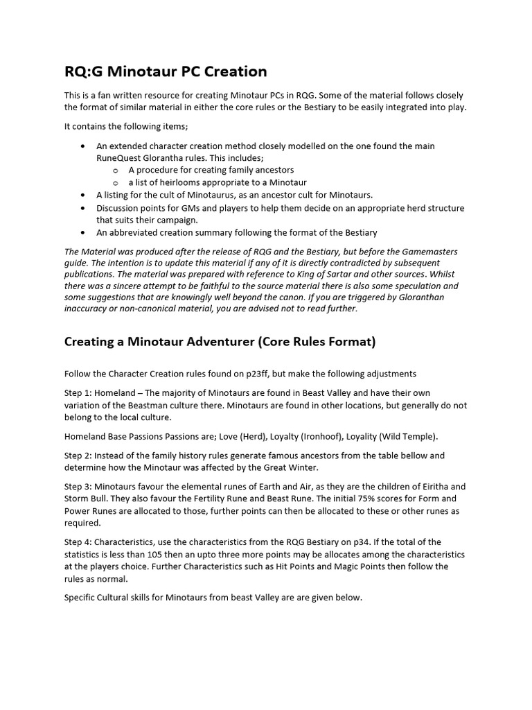 Minotaur PC Guide for RQG Fans | PDF | Law | History
