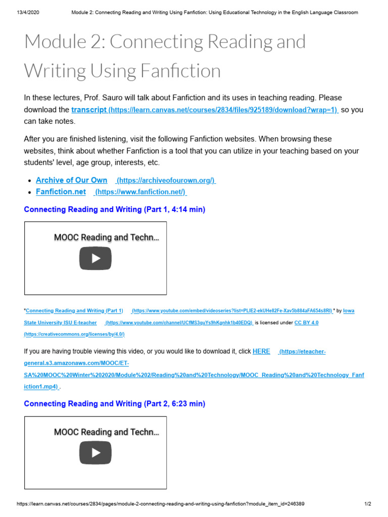 Module 2 - Connecting Reading and Writing Using Fanfiction - Using ...