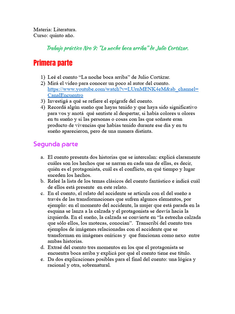TP 9. La Noche Boca Arriba. Julio Cortázar..docx - 014211 | PDF | Clásicos