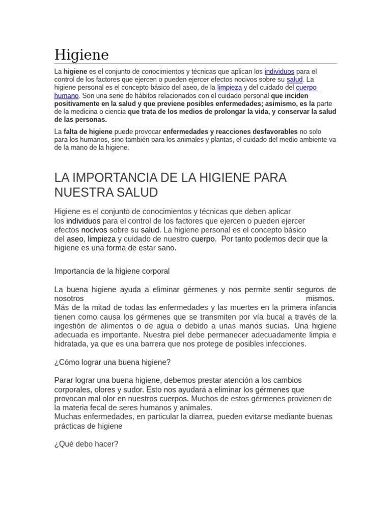 Higiene PERSONAL | PDF | Higiene | Especialidades Medicas