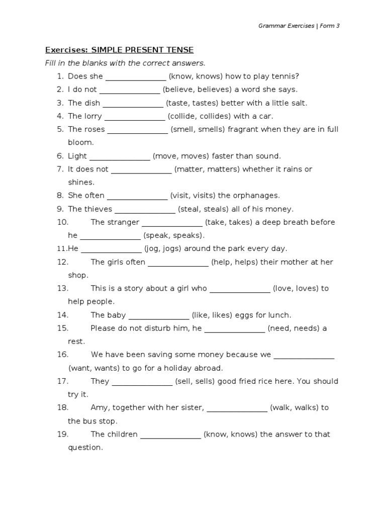 Fill in The Blanks With The Correct Answers.: Exercises: Simple Present ...