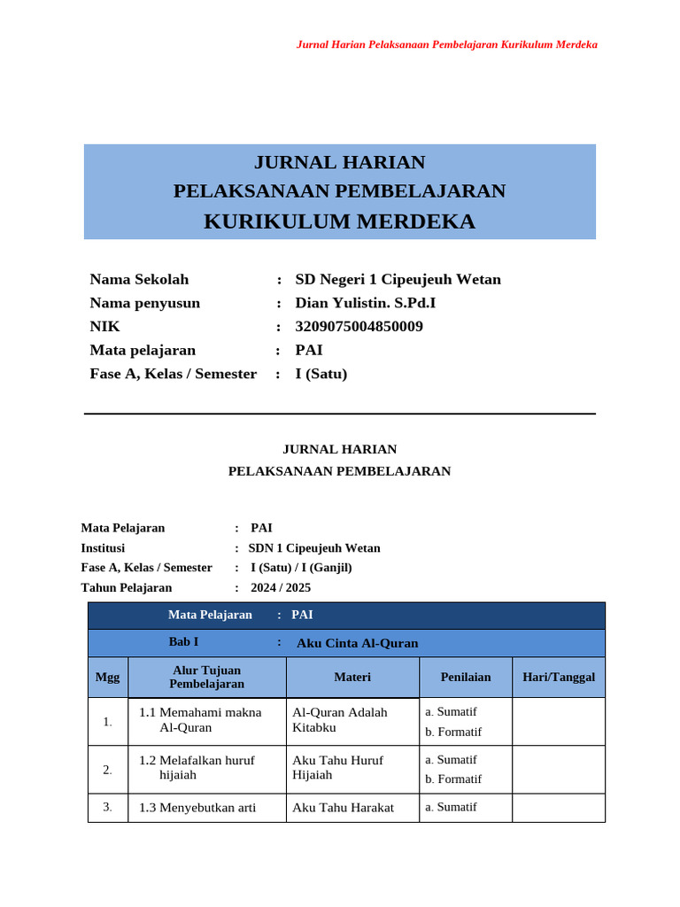 Jurnal Harian PAI Kelas 1 Kurikulum Merdeka | PDF