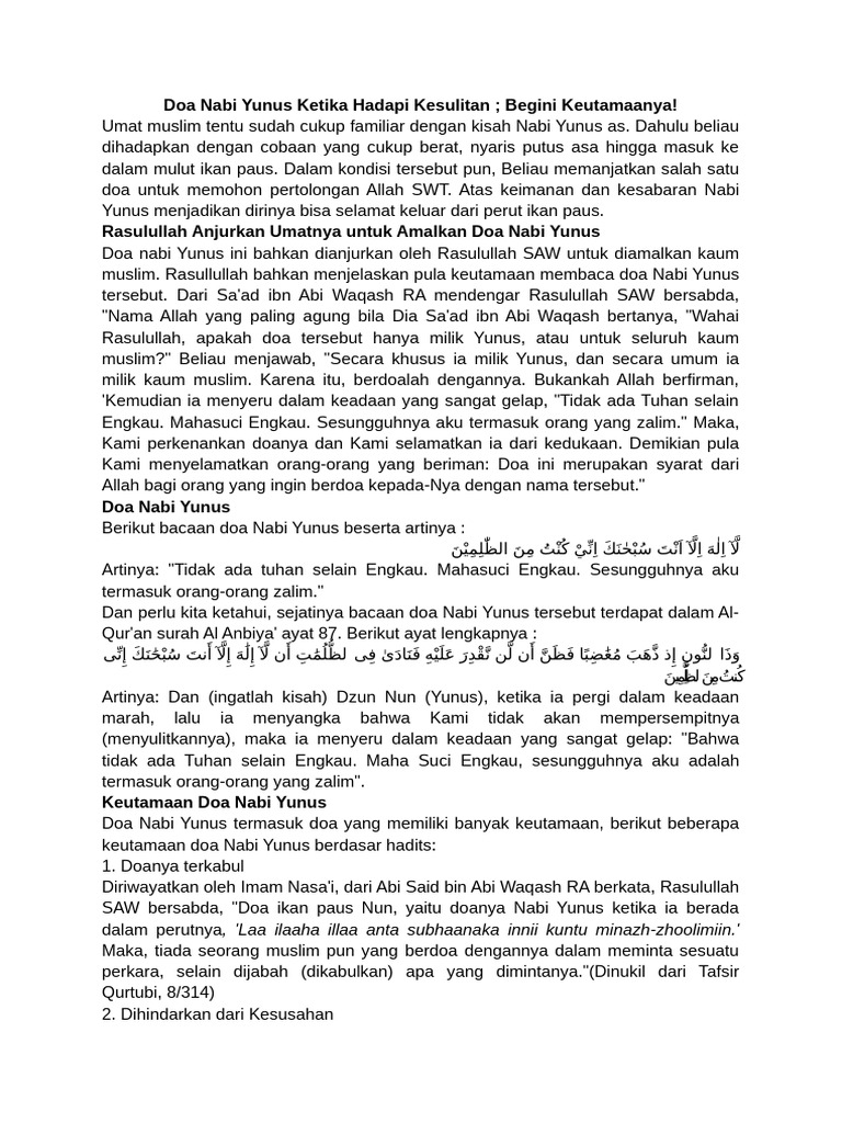 Keutamaan Doa Nabi Yunus Ketika Hadapi Kesulitan | PDF