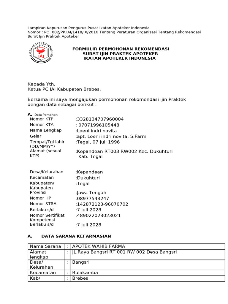 Formulir 1 Permohonan Rekomendasi Loeni | PDF