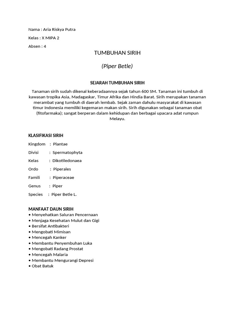 Manfaat dan Sejarah Tumbuhan Sirih | PDF | Griya & Taman | Sains ...
