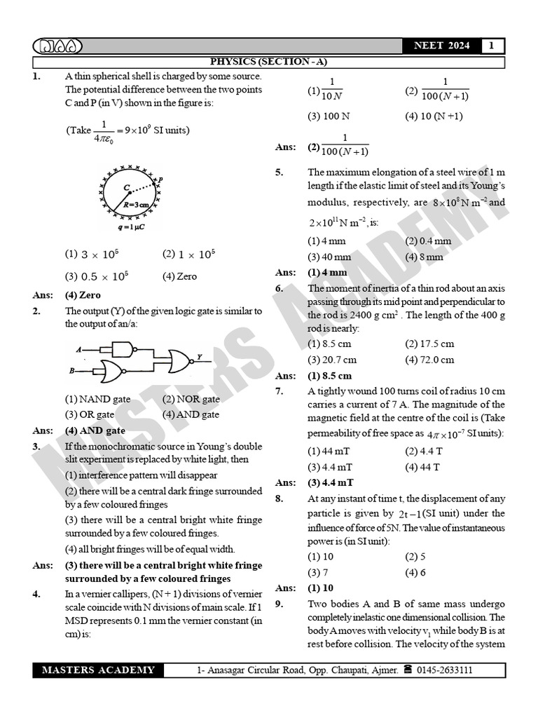 NEET Physics 2024 hh | PDF | Polarization (Waves) | Acceleration