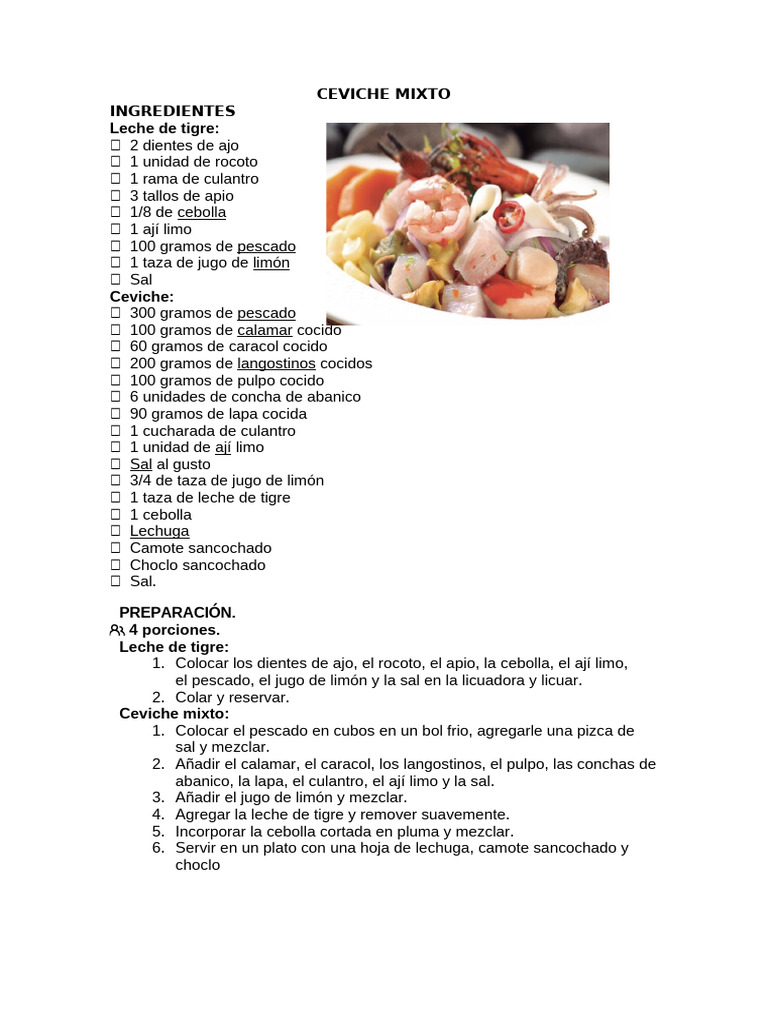 Receta de Ceviche Mixto Peruano | PDF | Cocina, comidas y vino