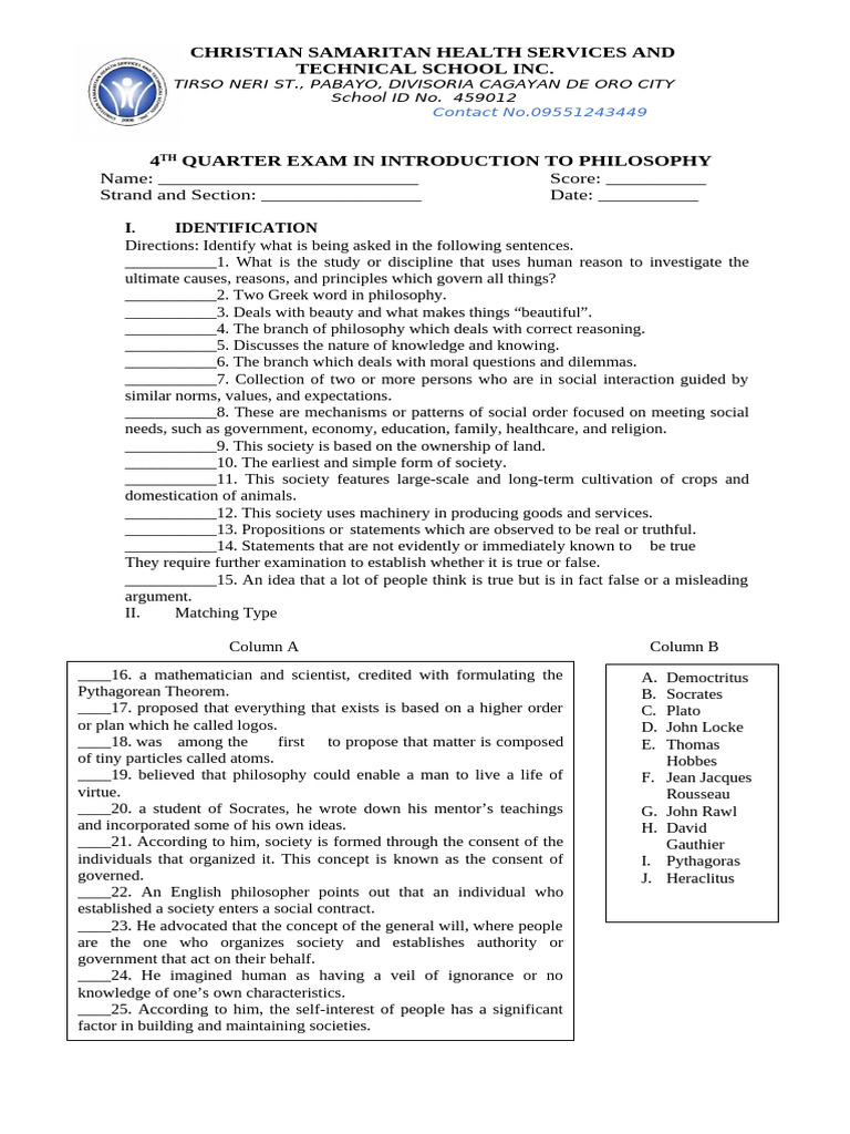 Intro To Philo 4TH QUARTER EXAM | PDF | Reason | Knowledge