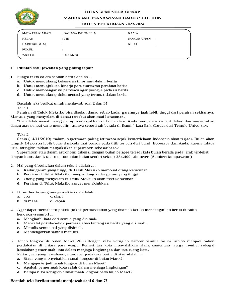 UTS Kelas VIII BINDO | PDF