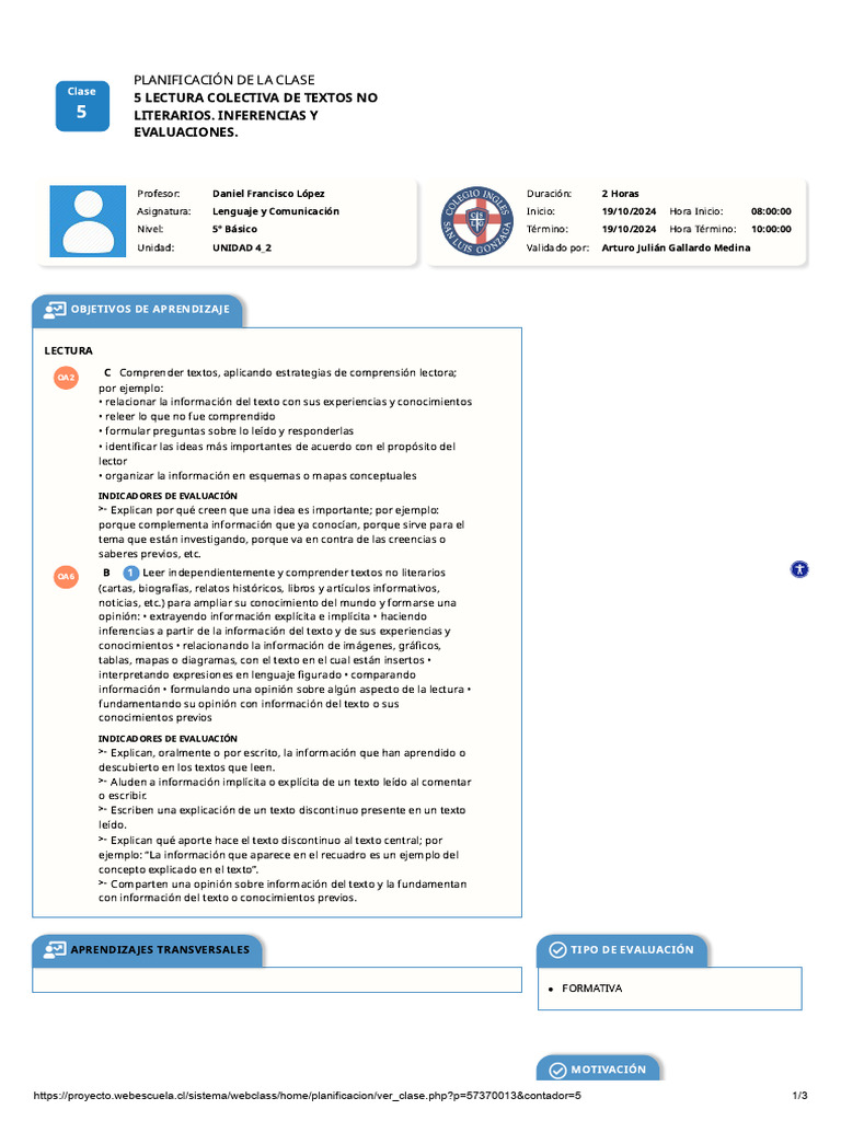 Planif 5to Octubre Clase 5 | PDF | Evaluación | Comprensión lectora
