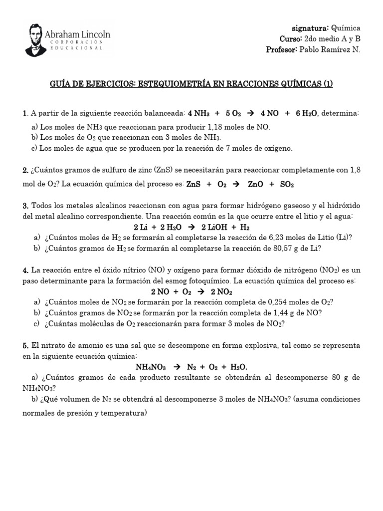 Guía de Ejercicios - Estequiometría en Reacciones | PDF | Amoníaco | Estequiometría