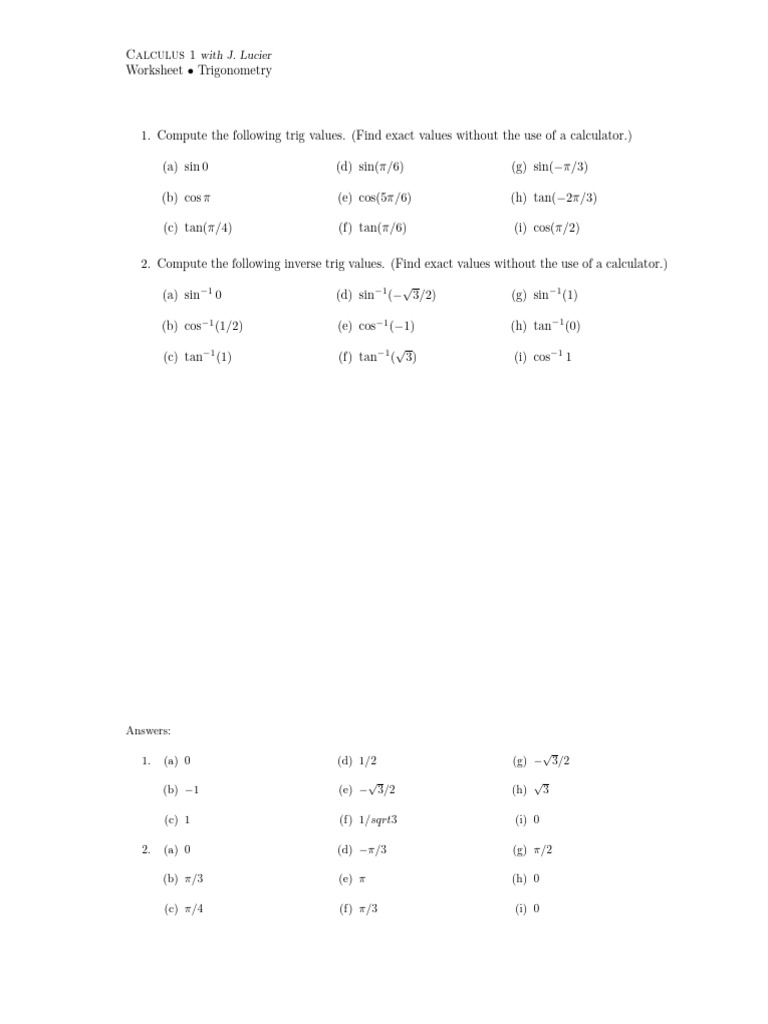 Calculus 1 Worksheet - Trigonometry | PDF