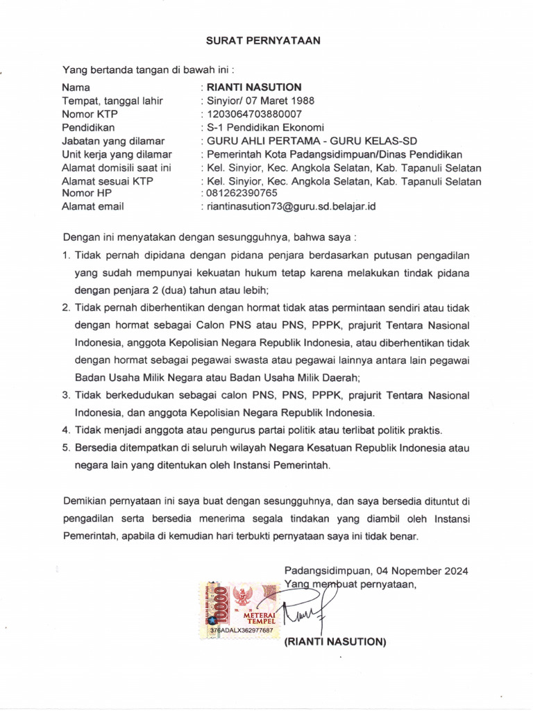 Surat Pernyataan Maria Rianti Nasution | PDF